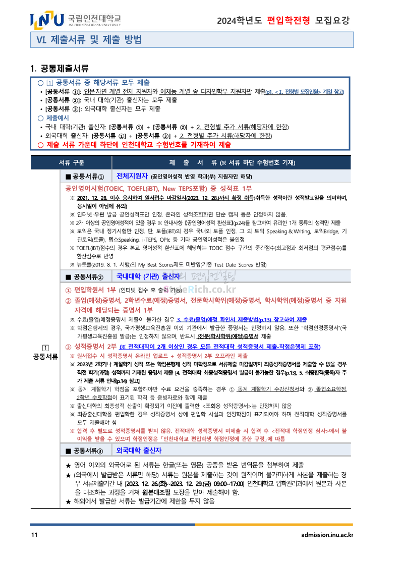 인천대 편입 2024학년도 모집요강 간편하게 보자