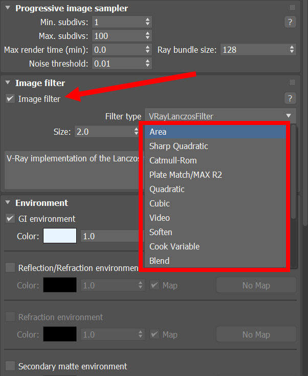 3D 맥스 브이레이(VRay) 이미지 필터 종류(Anti-aliasing Filters)