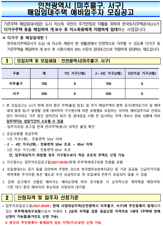 21년 9월 인천광역시 서구 미추홀구 Lh매입임대주택다가구 다세대 빌라 예비입주자 모집공고