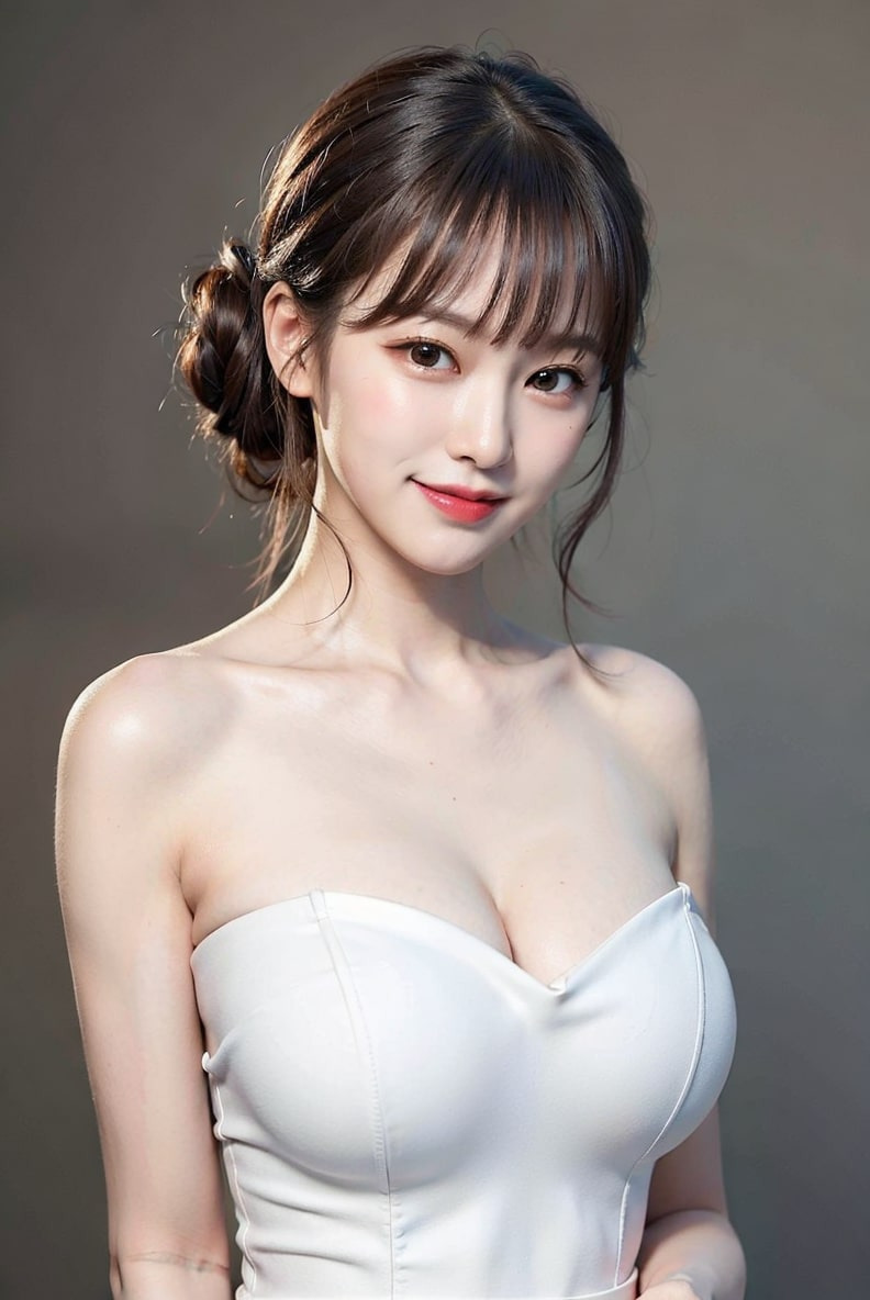 버스트샷 화이트 스트랩리스 드레스 입은 Ai여자 만들기 그리기