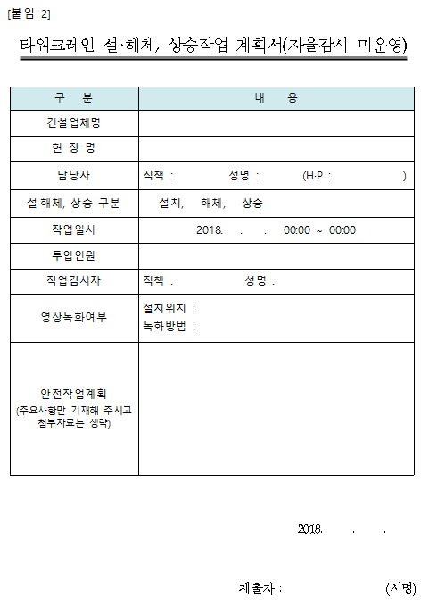 서식 타워크레인 설·해체 상승작업 계획서자율감시 미운영