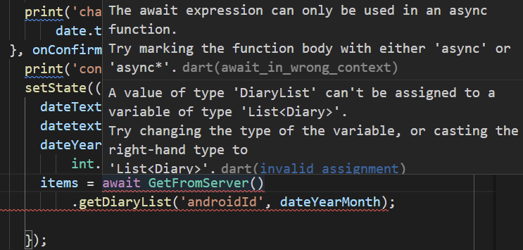 [Flutter] Error: The await expression can only be used in an async function. (Solved)