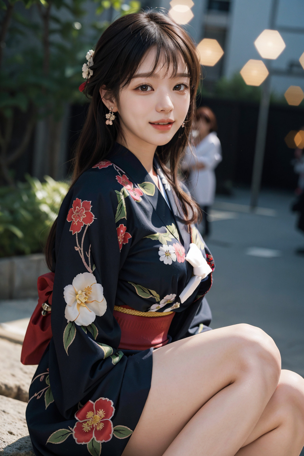 Ai로 생성한 무더운 여름날 불꽃축제 기모노입은 여자 이미지 생성하기 2