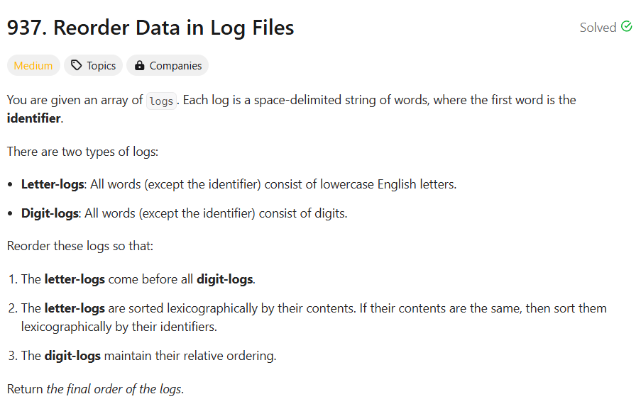 leetcode 937. Reorder Data in Log Files