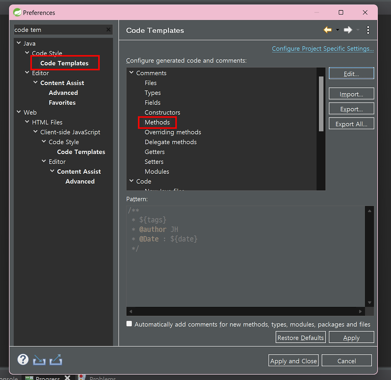 [Eclipse / STS] 주석 설정하기 (Code Templates)