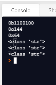 value = 100B = bin(100)O = oct(100)H = hex(100)print(B) print(O)print(H ...