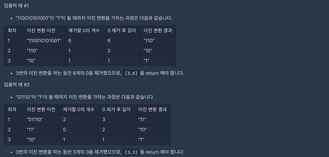 [Programmers] Lv2. 이진 변환 반복하기 :: wonseok.log