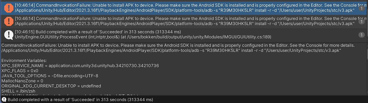 [Unity] CommandInvokationFailure: Unable to install APK to device. Please make sure the Android ...
