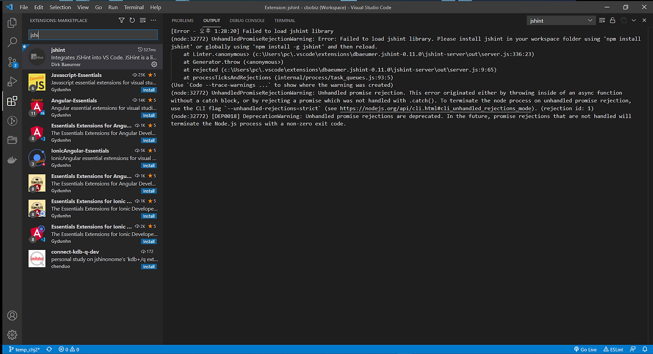 vscode Failed to load jshint library. 에러 처리 방법 - 부트스트랩 & 블로그 & gear 2024