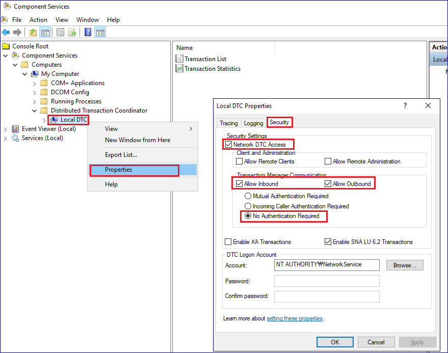 MS SQL Database, SQLNCLI11 분산 트랜잭션 오류