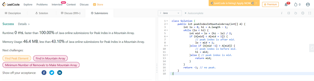 LeetCode 852. Peak Index in a Mountain Array