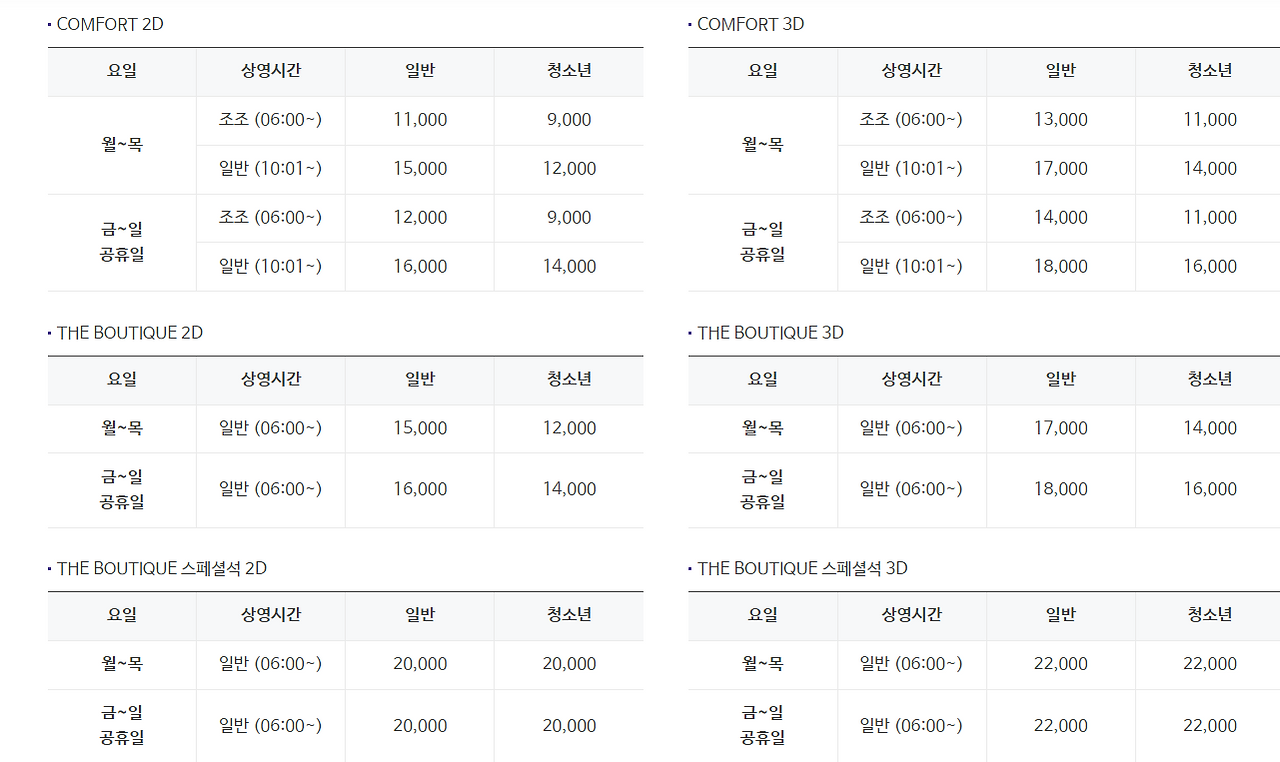 메가박스 더 부티크 목동현대백화점 점의 실시간 상영시간표 확인하기 영화 관람료 주차요금 할인정보