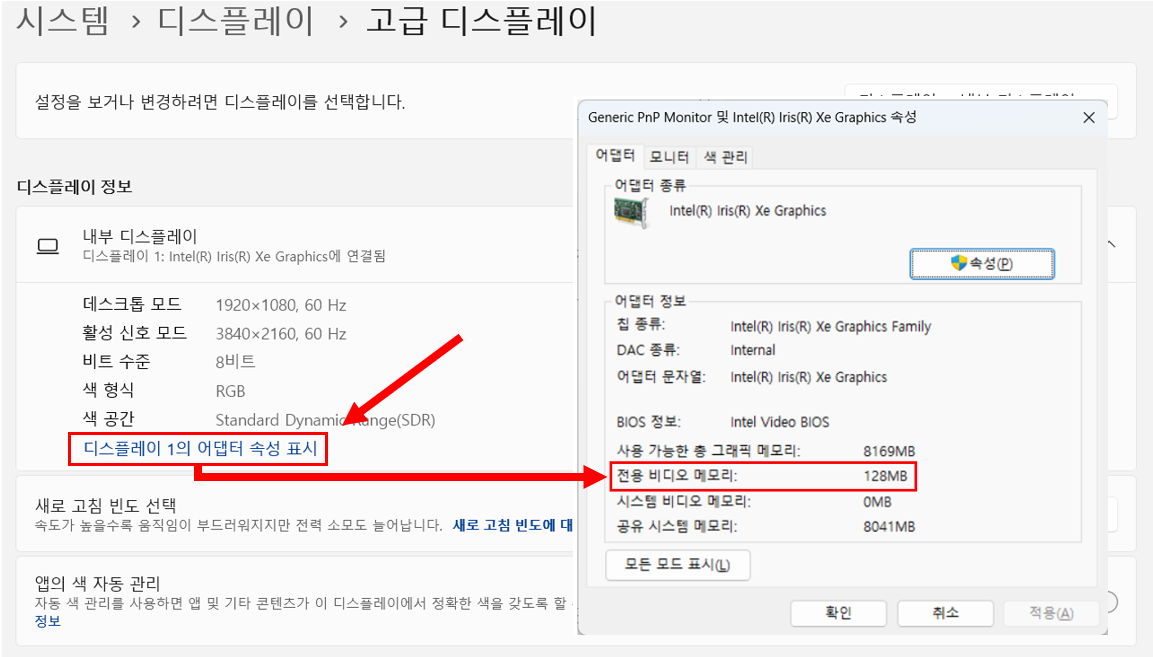 윈도우 11에서 그래픽카드 Vram 확인하는 방법