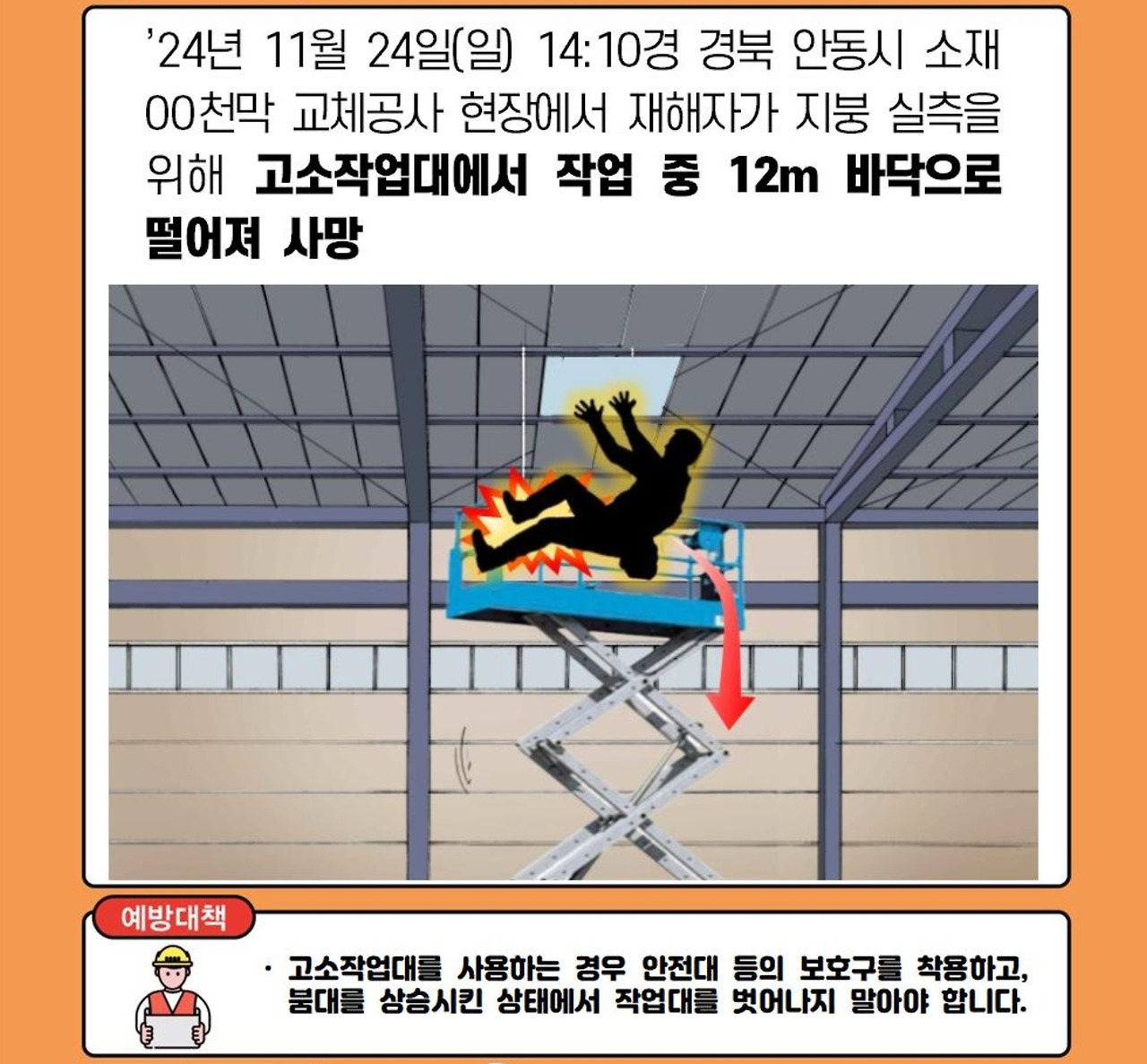 사고사례 241124 안동 천막 교체 공사중 고소작업대에서 추락 사망 건설장비 사고사례 및 법규