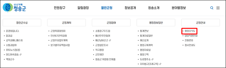 청송군청 홈페이지 조직도 및 직원 이름 번호 조회하기