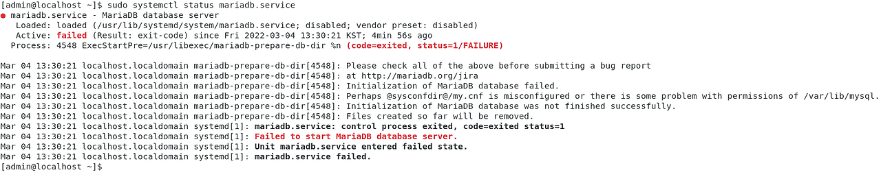 [MariaDB / MySQL] MariaDB 실행 안됨 해결 법. (Job for mariadb.service failed because the control ...