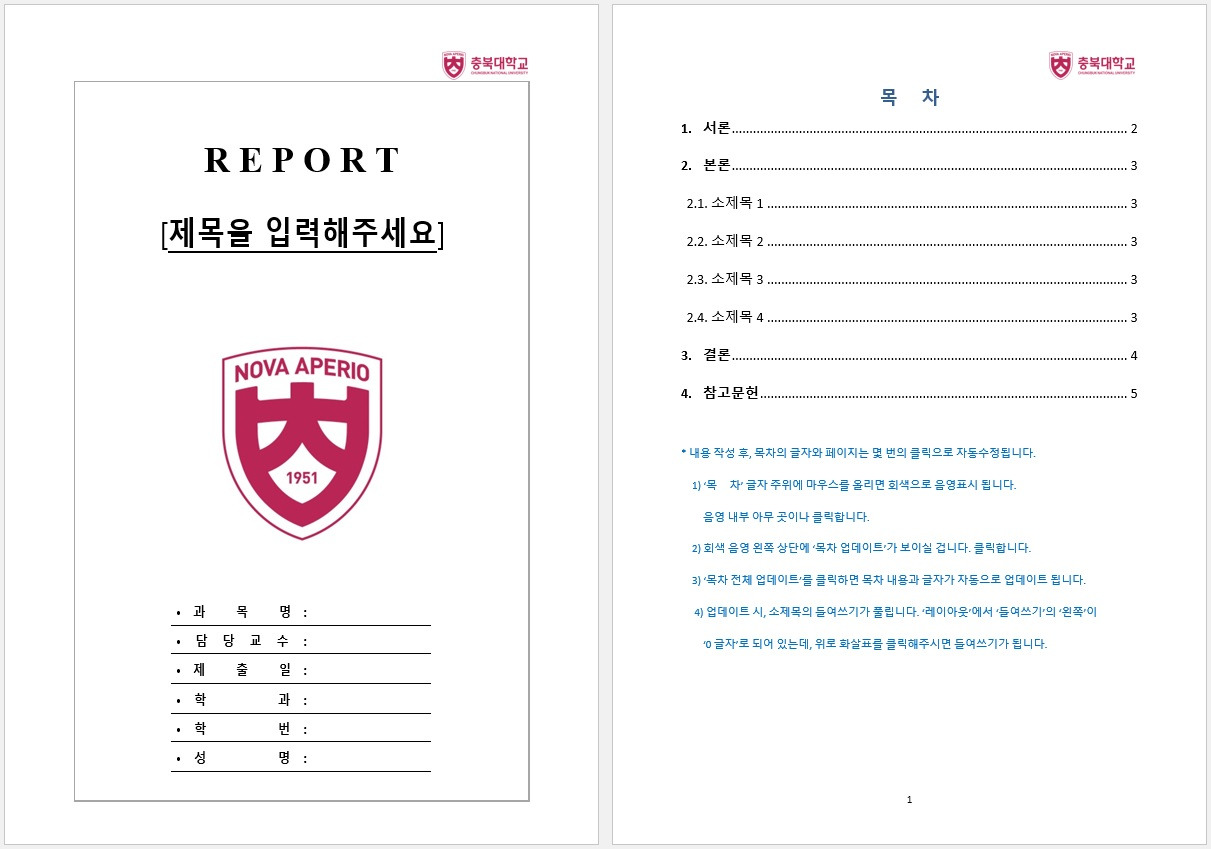 충북대 충북대학교 레포트 표지 양식 속지 양식 한글파일 워드파일 무료 다운로드