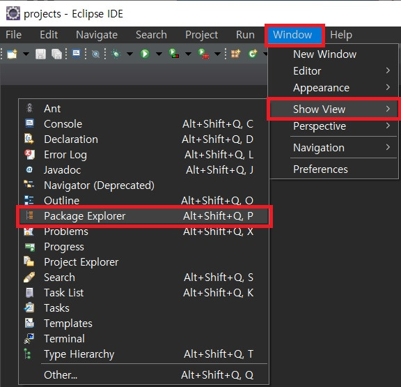 이클립스(eclipse), 왼쪽 패키지 익스플로러(Package Explorer) 창 다시 띄우기