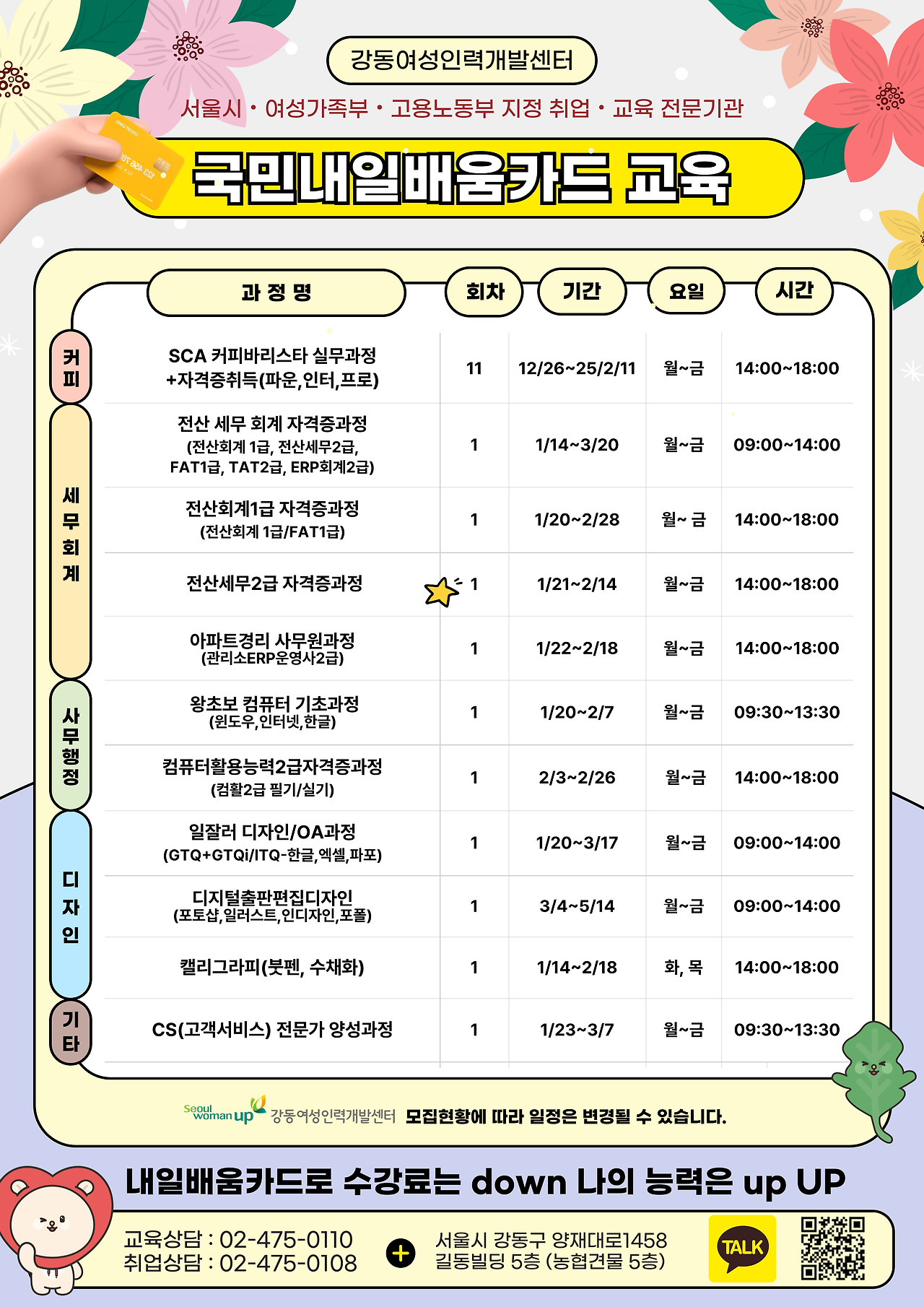 강동여성인력개발센터 2025년 취업대비 22개 국비지원과정 운영