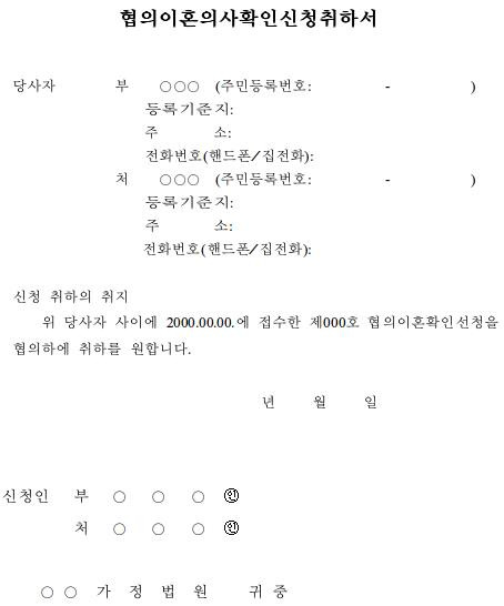 협의이혼의사확인신청취하서 양식 작성법 해피크린