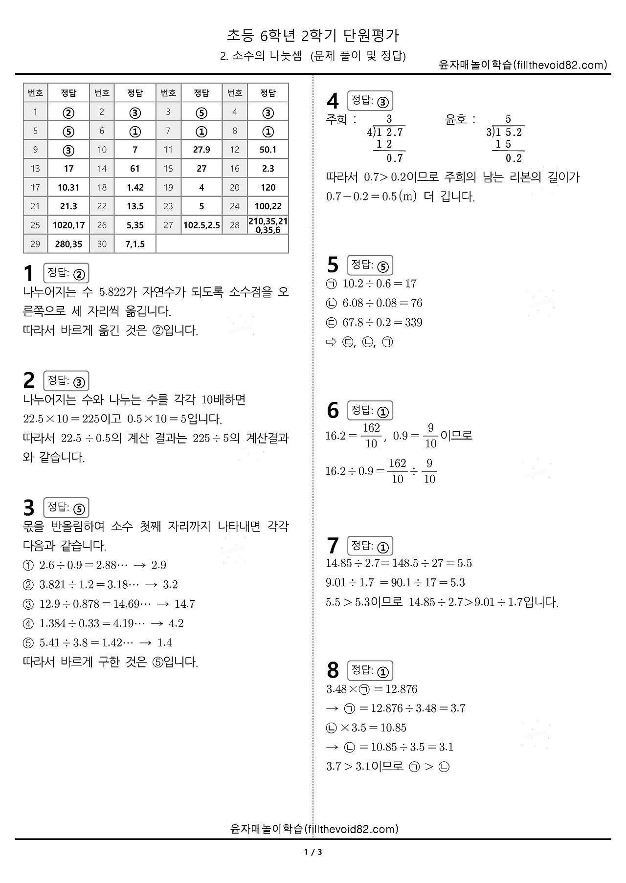 초등무료학습지 초등단원평가 초등 6학년 2학기 2 소수의 나눗셈