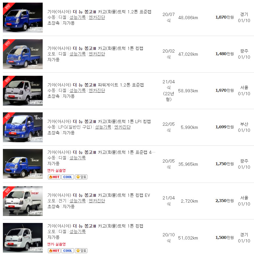 봉고3 중고차 가격 시세표 23년 1월 기준 1톤 트럭
