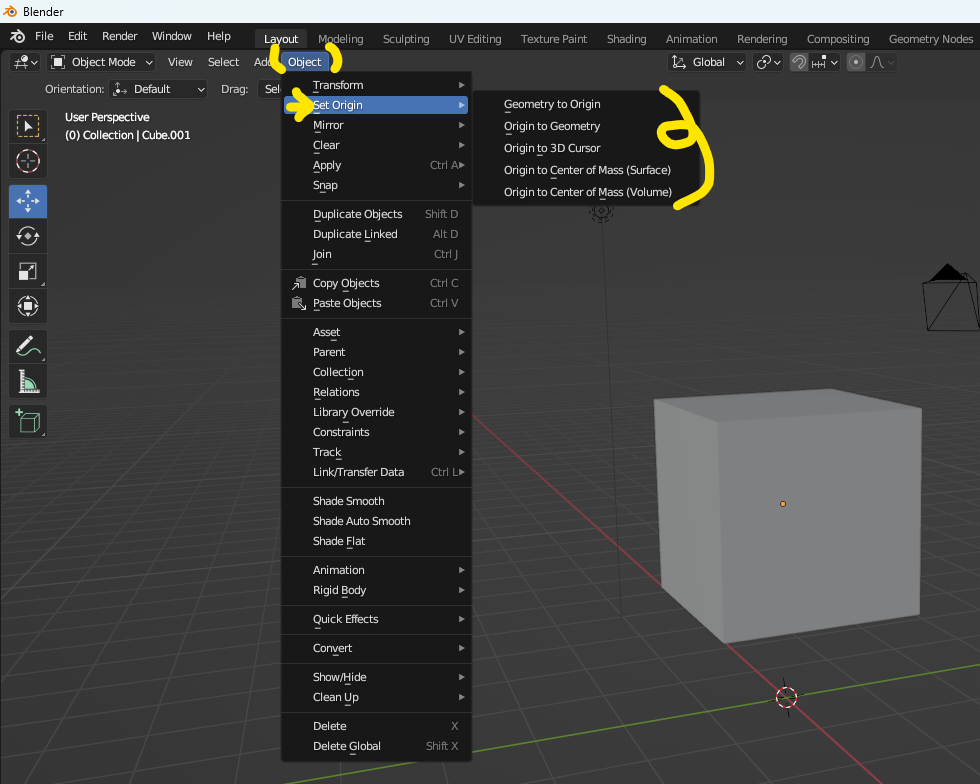[블렌더]Set Origin과 Pivot Point 를 원하는 위치 변경 방법 및 리셋 하는 법
