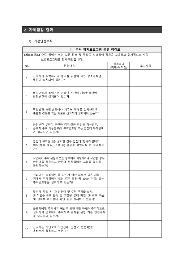 화재폭발 고위험 사업장 자체점검표 양식