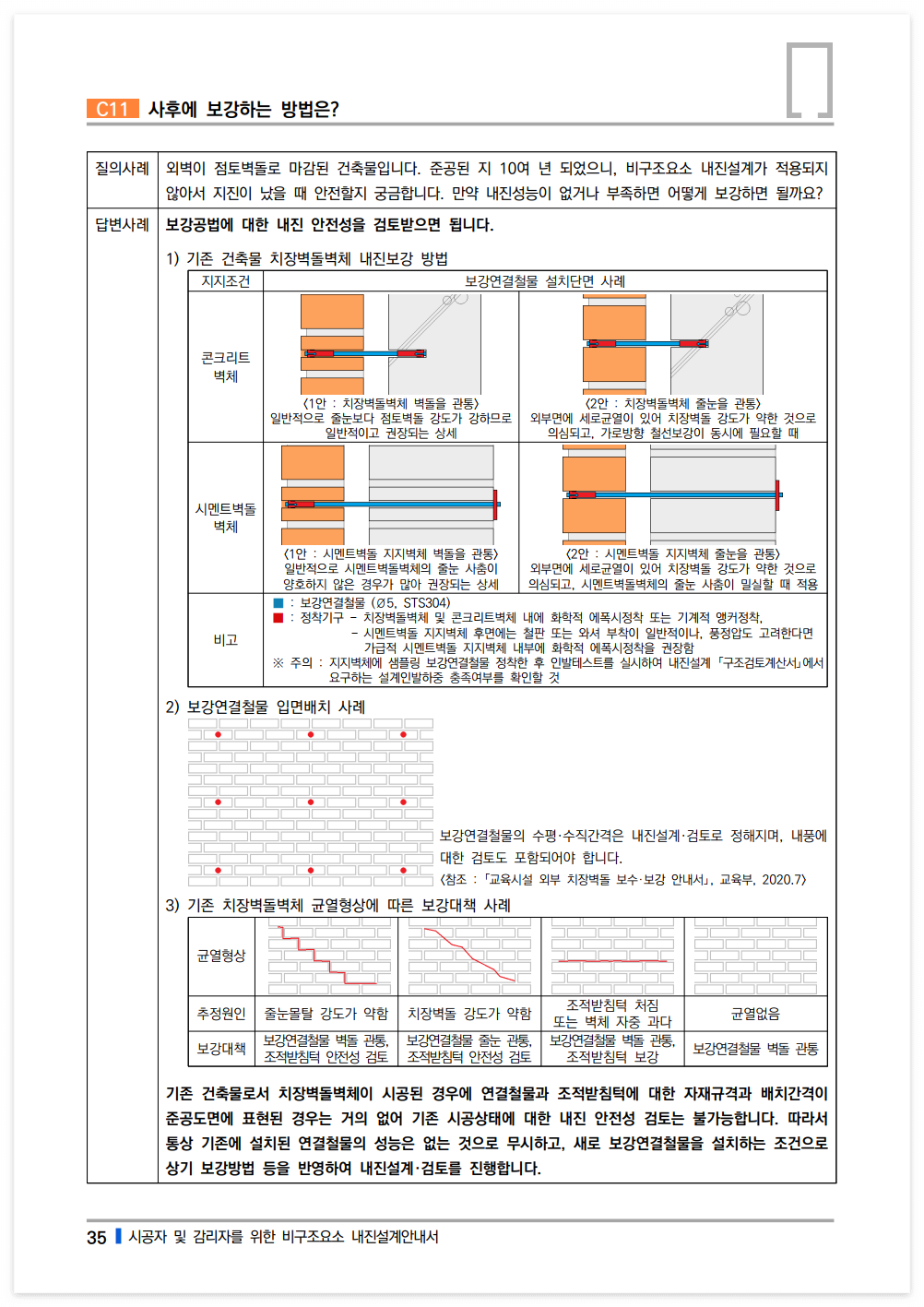 비구조요소 C11 외부치장벽돌 사후에 보강하는 방법은