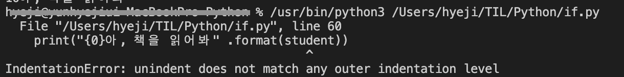 [python] unindent does not match any outer indentation level 오류