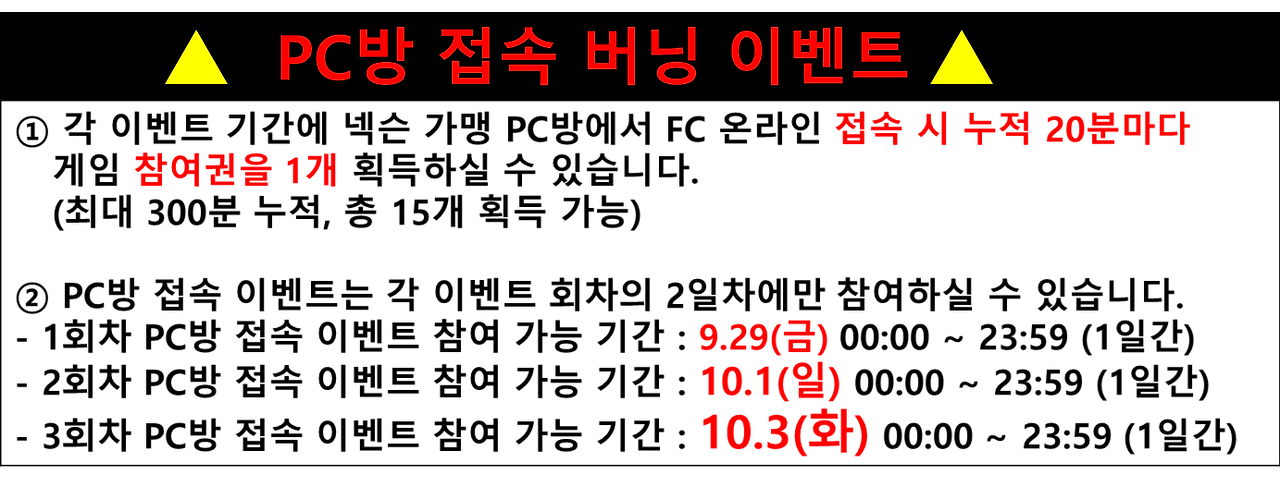 Fc 온라인 에프씨온라인 피파온라인4 버닝 Pc방혜택 이벤트 접속보상 원격피시방 지피방 집피방 수수료할인 쿠폰