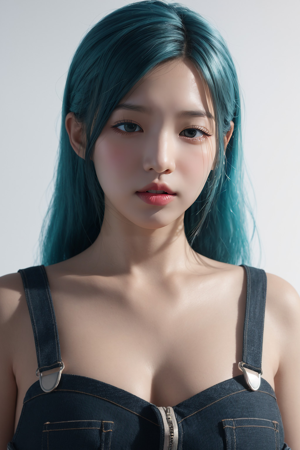 Ai 컬러풀한 헤어에 멜빵바지 입은 여자 이미지 생성하기 1