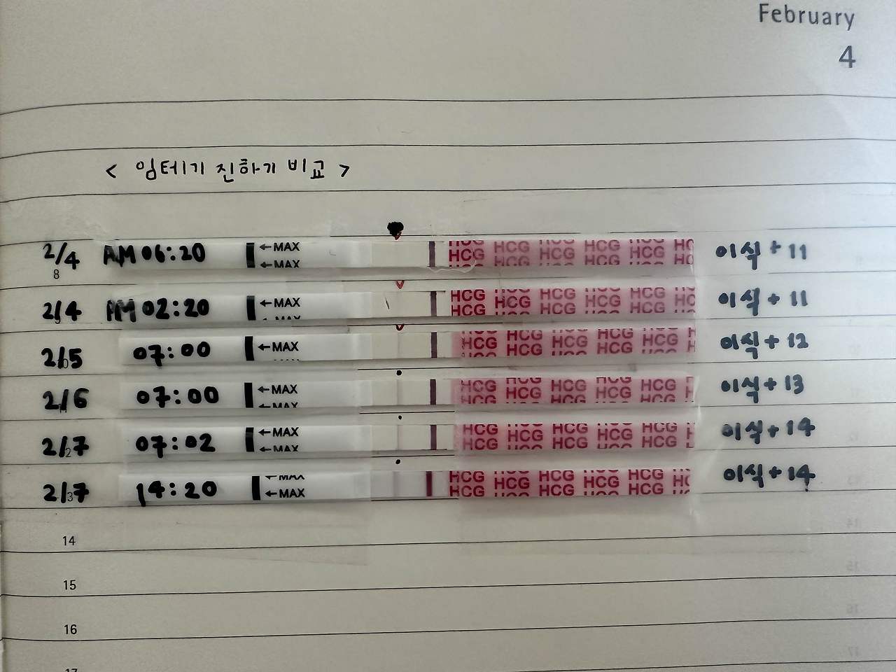 3일 신선배아 이식 후 1차 낮은 피검 수치 흐린 임테기 임신테스트기 진하기 비교