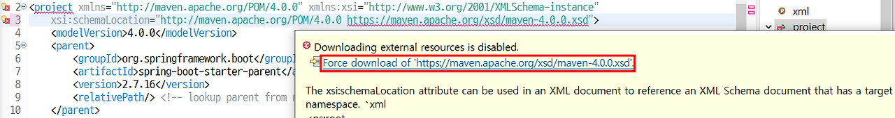 [Spring] cvc-elt.1.a: Cannot find the declaration of element 'project'.