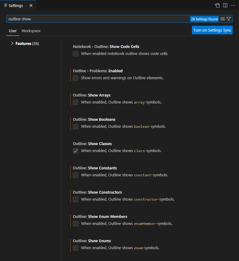 Visual Studio Code Outline 표시 항목