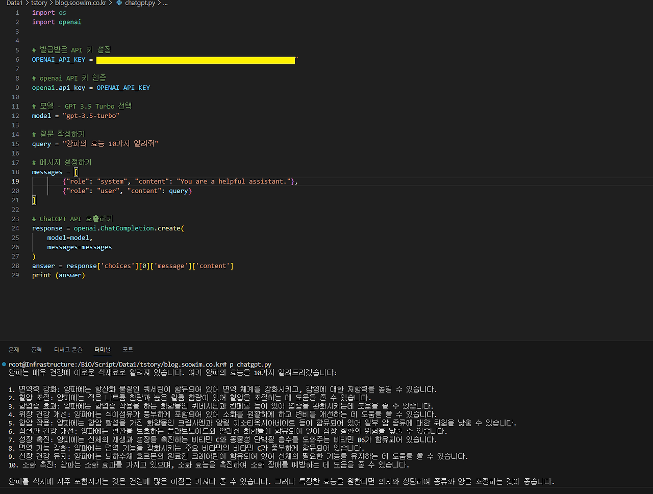 chatgpt api 파이썬으로 linux 서버에서 호출 / 코드 참고 2분컷.. :: soowim