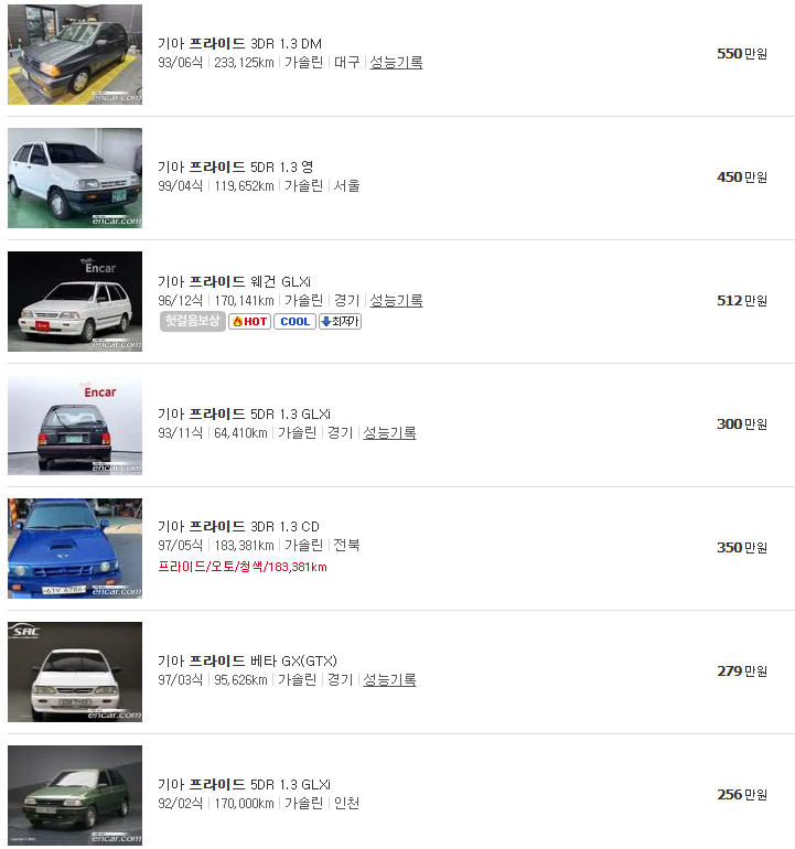 기아자동차 프라이드 중고차 가격 시세표 2023년 9월 기준