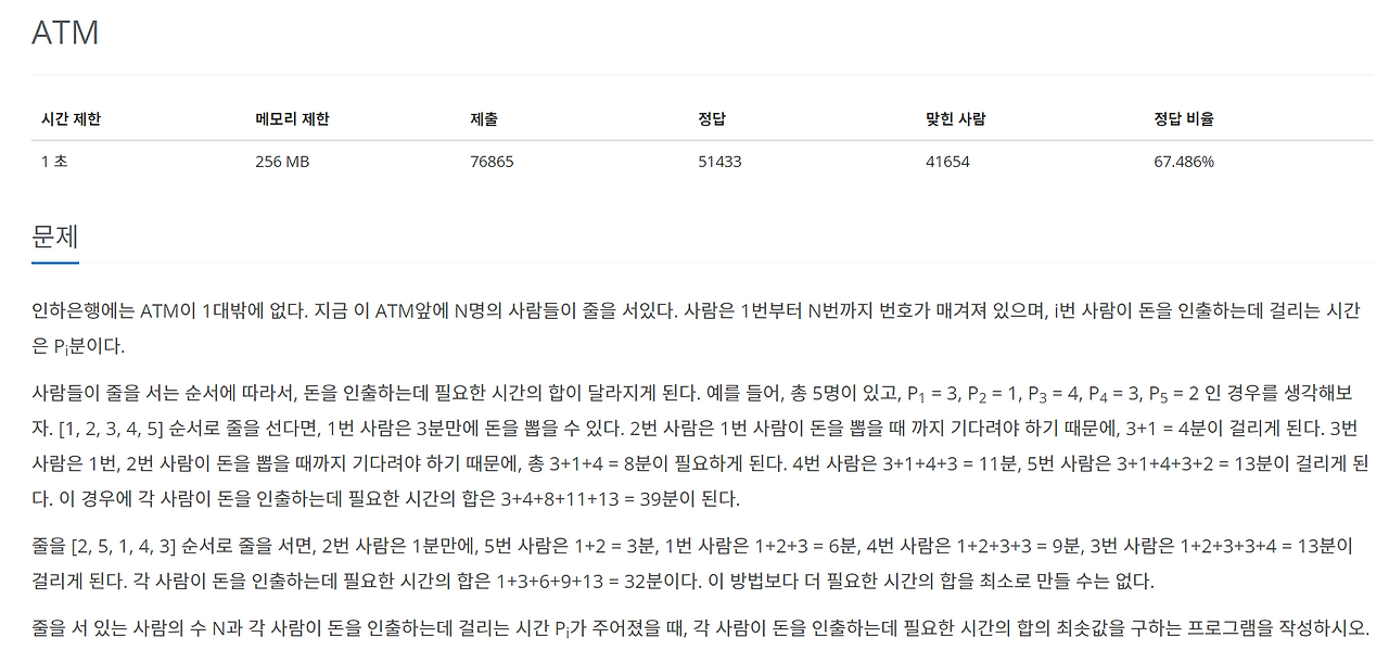 [백준/자바] 11399 ATM 인출 시간 계산하기