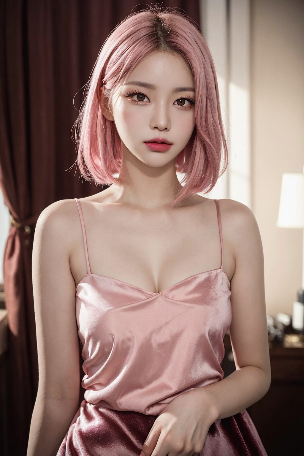 Ai로 생성한 핑크머리 이브닝 드레스 입은 여자 이미지 생성하기