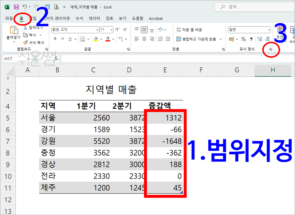 엑셀 숫자 앞에 양수는 음수는 기호 표시하는 방법
