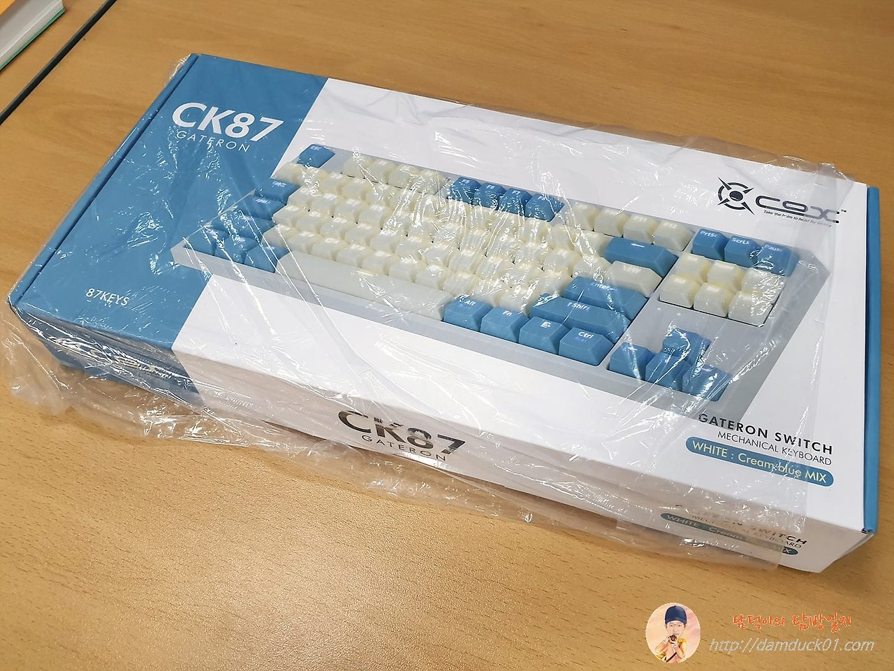 보급형 기계식 키보드. COX CK87 게이트론 기계식 게이밍 LED 텐키리스 크림 블루 믹스.