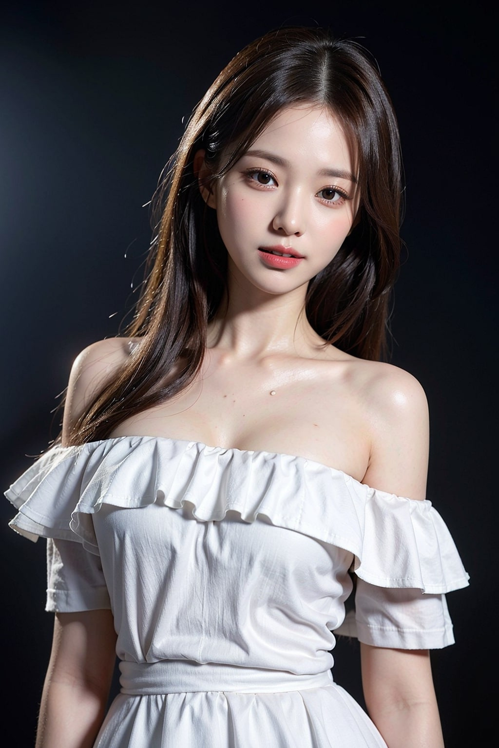 프릴 화이트 오프숄더 드레스 입은 여친컨셉 Ai로 그리기 만들기
