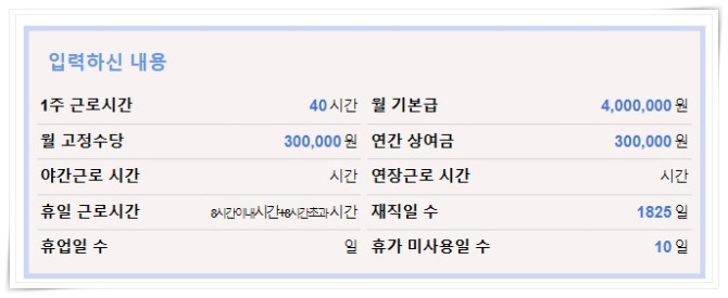 통상임금 계산기 일일 또는 시간당 결과 보기