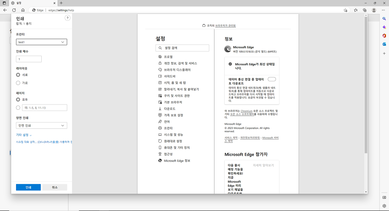 마이크로소프트 엣지 인쇄 시 무한 로딩 해결하기