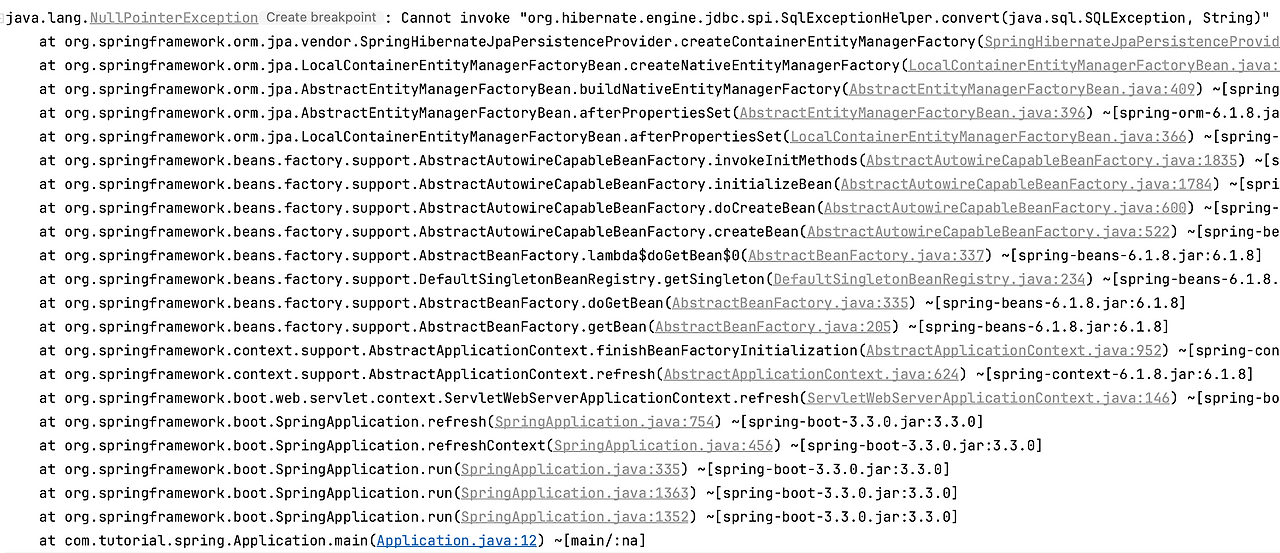 [에러] Cannot invoke "org.hibernate.engine.jdbc.spi.SqlExceptionHelper.convert(java.sql ...