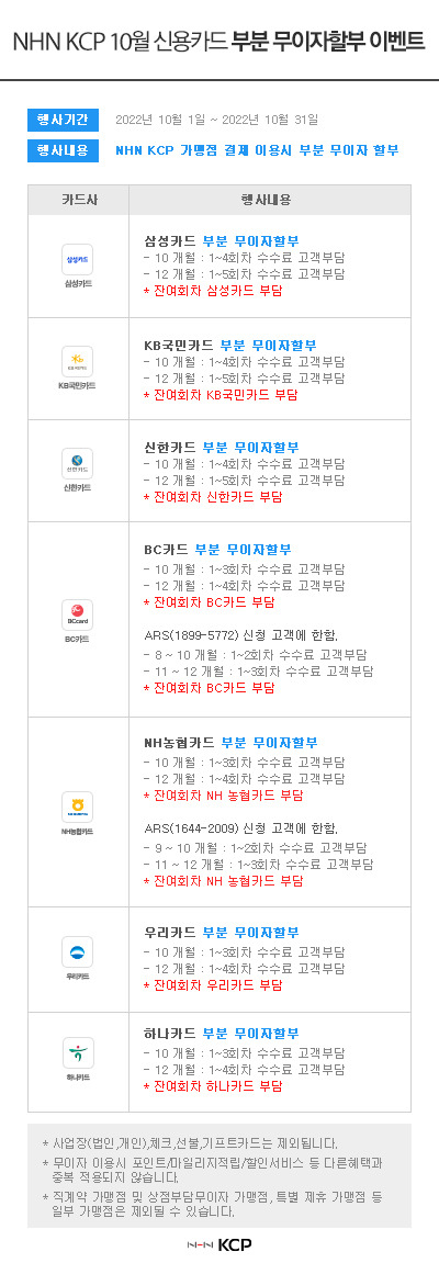 NHN KCP, 2022년 10월 카드사 무이자할부 이벤트 안내