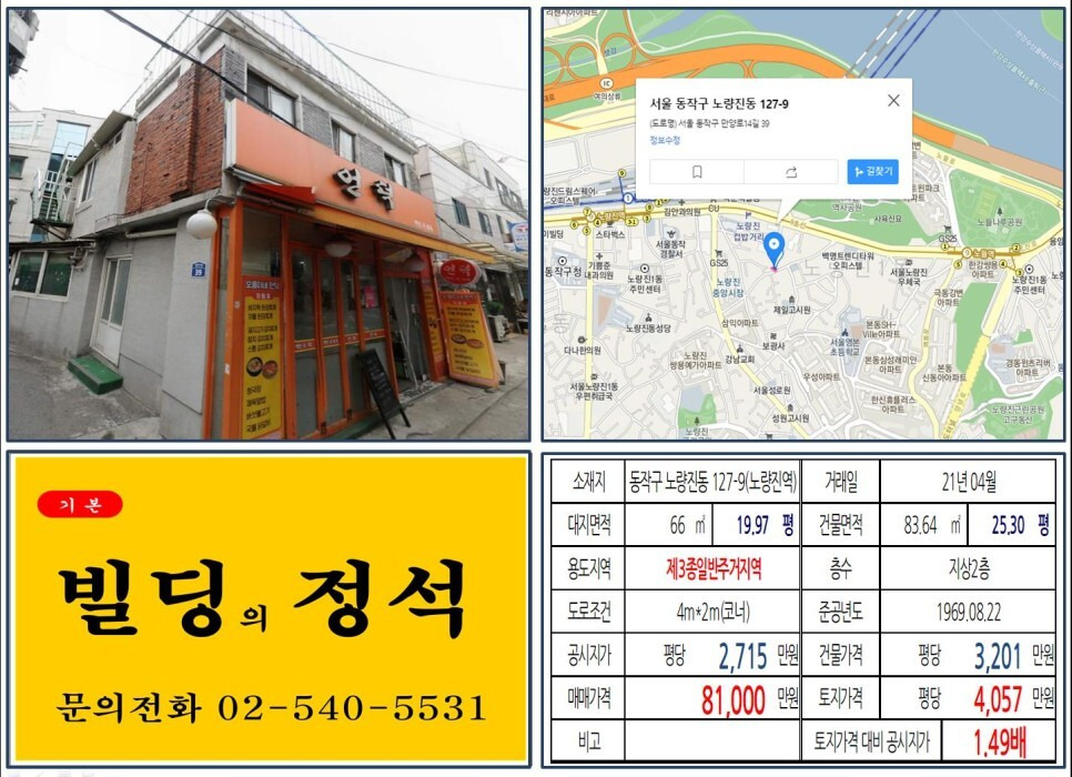 동작구 노량진뉴타운 8억 꼬마빌딩 실거래가 조회 노량진동 127 9 노량진역 8억 1000만 원 평당 4057만 원