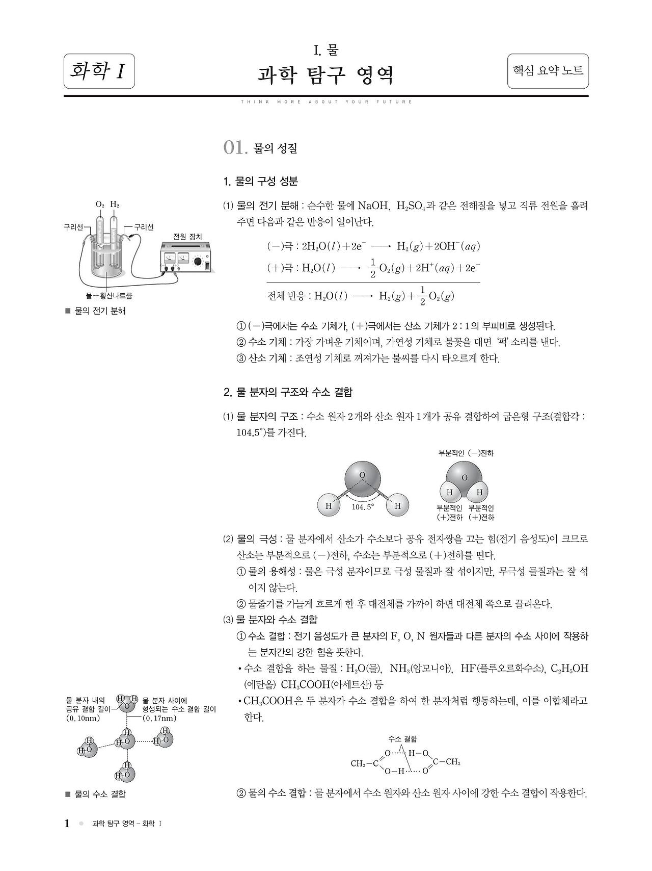 화학 핵심 개념 정리 물의 전기 분해 물 분자의 구조 수소 결합 물의 밀도 물의 비열 물의 녹는점과 끓는점