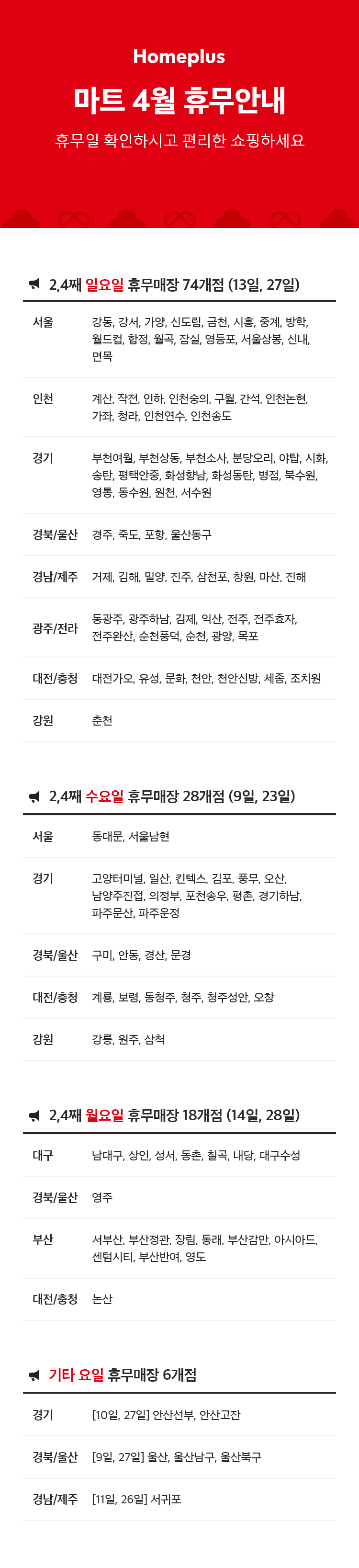 Homeplus 전국 홈플러스 4월 쉬는 날 언제 2025년 4월 대형마트 쉬는 점포 정기휴무일 휴점일 홈플 서울