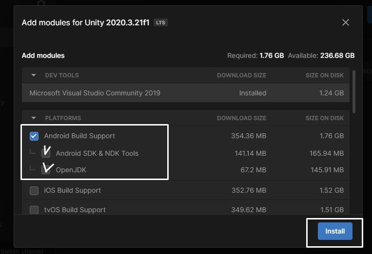 유니티 No Android module loaded 문제 해결